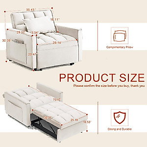 ROCKINGRUN 3 in 1 Sleeper Sofa Bed Chair with Adjustable Backrest, Side Storage Pocket and Throw Pillow, Velvet Convertible Single Pull Out Sleeper Sofa Couch Bed for Living Room Bedroom (Beige)