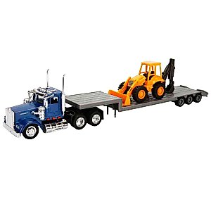 Newray 1:43 Trailer Kenworth W900 with Backhoe Loader 1/43 Scale Replica