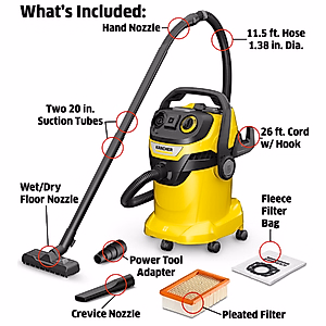 Kärcher - WD 5/P Multi-Purpose Wet-Dry Vacuum Cleaner - 6.6 Gallon - With Attachments – Blower Feature, Semi-Automatic Filter Cleaning, Space-Saving Design - 1100W - 2022 Edition,Yellow