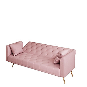 SumKea 71'' Modern Velvet Futon Sofa Bed, Loveseat Sofa, Convertible Folding Sleeper Couches with Adjustable Backrests and 2 Pillow, Lounge Sofa with Golden Chrome Legs, Pink