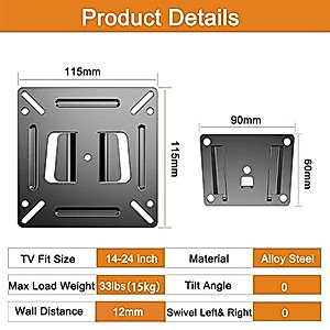 ASMXQY Monitor Wall Mount for Most 14-24" TVs, Universal Camper Small TV Wall Mount Bracket Fixed RV TV Mount Max Load 33lbs VESA up to 100x100mm 17 19 22 23 inch Low Profile Computer Monitor Mounts