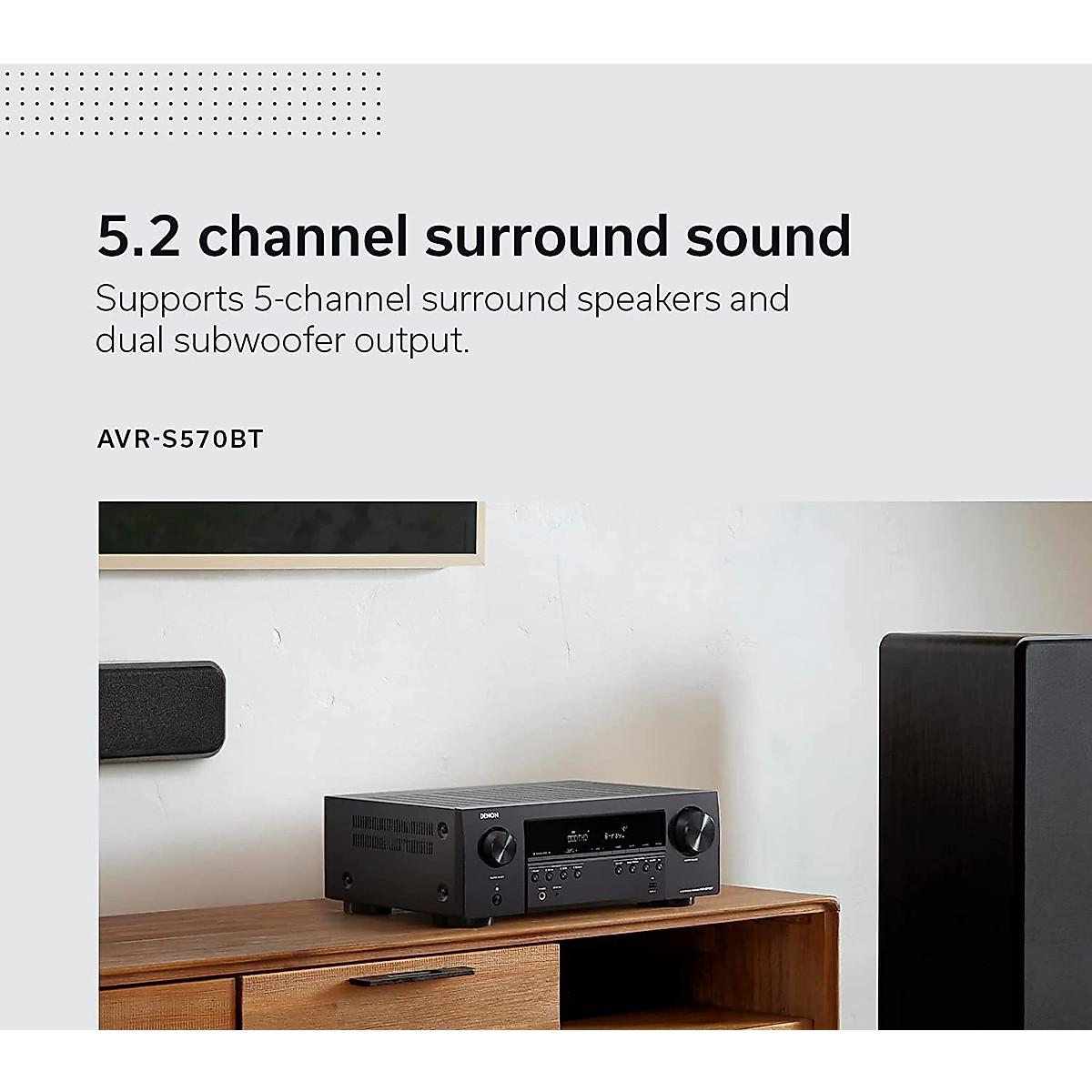 Denon - AVR-S570BT Receiver, 5.2 Channel, 8K Ultra HD Audio and Video, Home Theater System, Built-in Bluetooth and USB - Black | Includes Kwalicable Micro SD Card & Cleaning Cloth