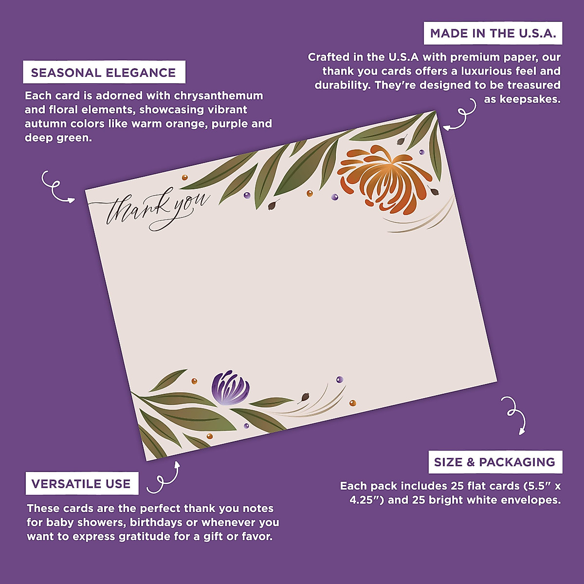 Koko Paper Co Autumn Floral Thank You Cards for Fall Events. 25 Flat Thank You Cards + 25 Bright White Envelopes. Made in the U.S.A.