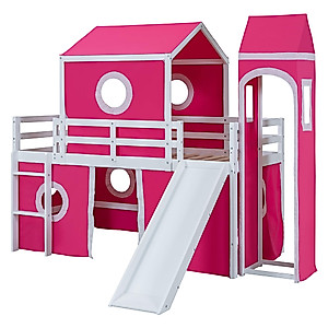 Full Size House Loft Bed Kids Loft Beds with Slide, Tent and Tower, Solid Wood Loft Bed with Small Pinnacle for Kids Girls Boys Teens (Pink)