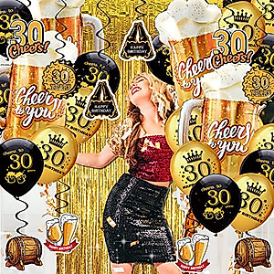 30th birthday decorations for him men - (60pcs) black gold party Banner, 40 Inch Gold Number Balloons,30th Sign Latex Balloon,Fringe Curtains and cheers to you Foil Balloons,Hanging Swirl,photo props