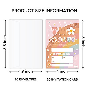 YUEXLL 2nd Birthday Party Invitations Cards with Envelopes, Rainbow Two Groovy Party Invitations, Birthday Celebration Supplies, Double-sided Fill-in bday Invites for Boys Girls- A29