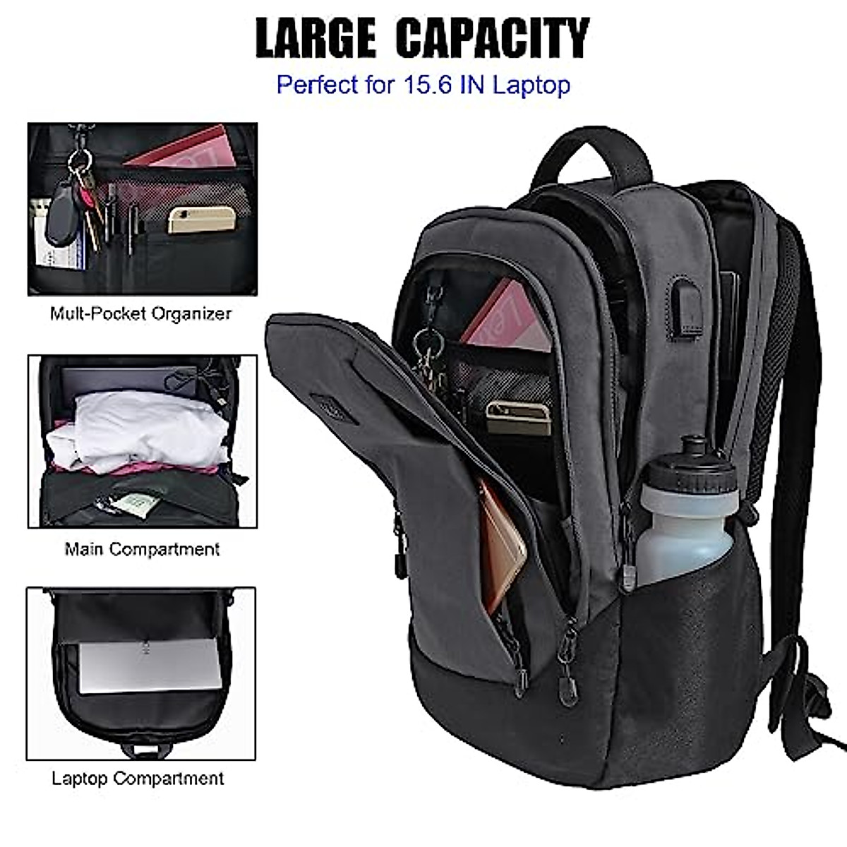 WOLT | Travel Laptop Backpack for Women & Men - airplane approved carry on Business Bag with USB Charging Port, fits 15.6 Inch Notebook (Dark Grey)