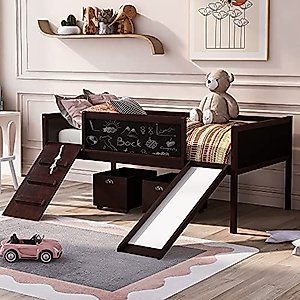 GINGVAT Twin Size Loft Bed with Two Storage Boxes, Wood Loft Bed with Climbing Frame, Slide and Guardrails，Multi-Functional，Espresso