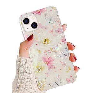 J.west iPhone 13 Case 6.1 inch,Luxury Sparkle Glitter Translucent Soft Clear Colorful Opal Pearly Thinfoil Design Shiny Floral Print Silicone Cover for Women Girls Slim TPU Protective Phone Case