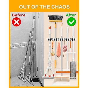 2 Pack Broom Holder Wall Mount with 13" Heavy-duty Storage Strap Bundle - 5 Racks and 4 Hooks Broom Hanger Wall Mount, Mop and Broom Holder Wall Mount, Self Adhesive, Heavy Duty, Stainless Steel