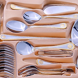 Hermann Miller Royal Family Collection 72 Piece Fine Flatware Silverware Set with Gift Carrying Case, Elegant Design, Serves Parties 12 people, Perfect Housewarming Graduation for Loved Ones, Gold