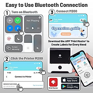 Memoqueen Label Maker Machine with 3 Roll Labels M200 Portable Label Makers, Upgrade 3 Inch Bluetooth Thermal Barcode Label Printer for Small Business/Home Use, for Retail, Logo, Labeling, Name, White