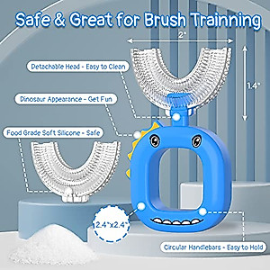 U Shaped Toothbrush - for Kids, Manual Whole Mouth Toddler Toothbrush Age 2-4 5 6 & up, Food Grade Soft Silicone Brush Head, 360° Oral Teeth Cleaning Design, Good for Children's Dental Health, 2 Blue