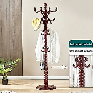 XIMSPHY Coat Rack Freestanding, Wooden Tree Coat Racks with Sturdy Round Base and 14 Hooks, Mahogany Vintage Coat Rack for Bedroom Living Room Office, for Hats Bags Coats, 185x43cm