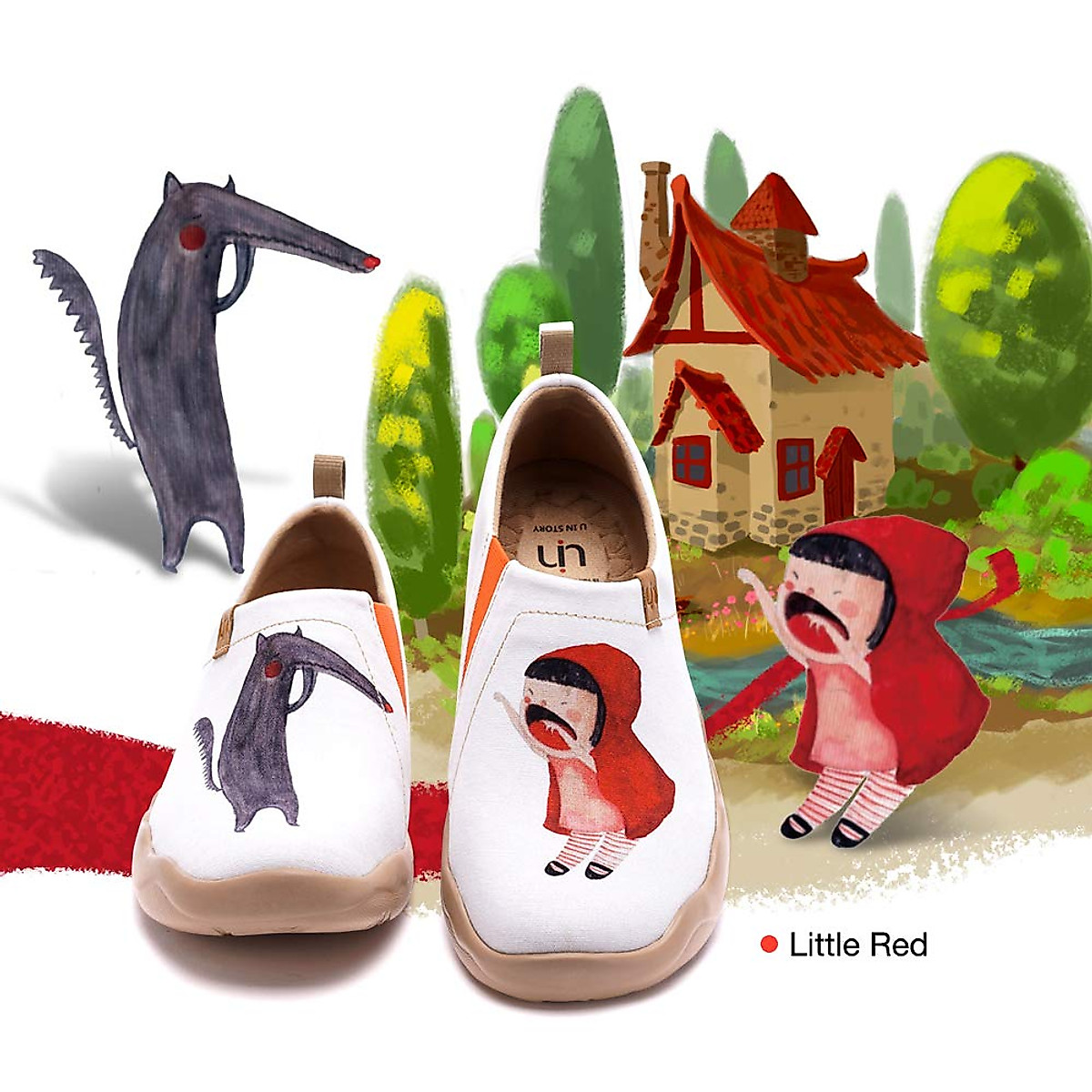 UIN Women's Flats Canvas Lightweight Sneakers Slip Ons Walking Casual Art Painted Travel Holiday Shoes Princess's Garden (Little Red, Numeric_7_Point_5)