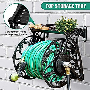 Garden Hose Reel Wall Mount with 6.5ft Leader Hose, Storage Shelf, Holds 130ft of 5/8 Hose, Portable Cast Iron Water Hose Reel for Outside Gardening Tools, Decorative Metal Hose Storage Holder