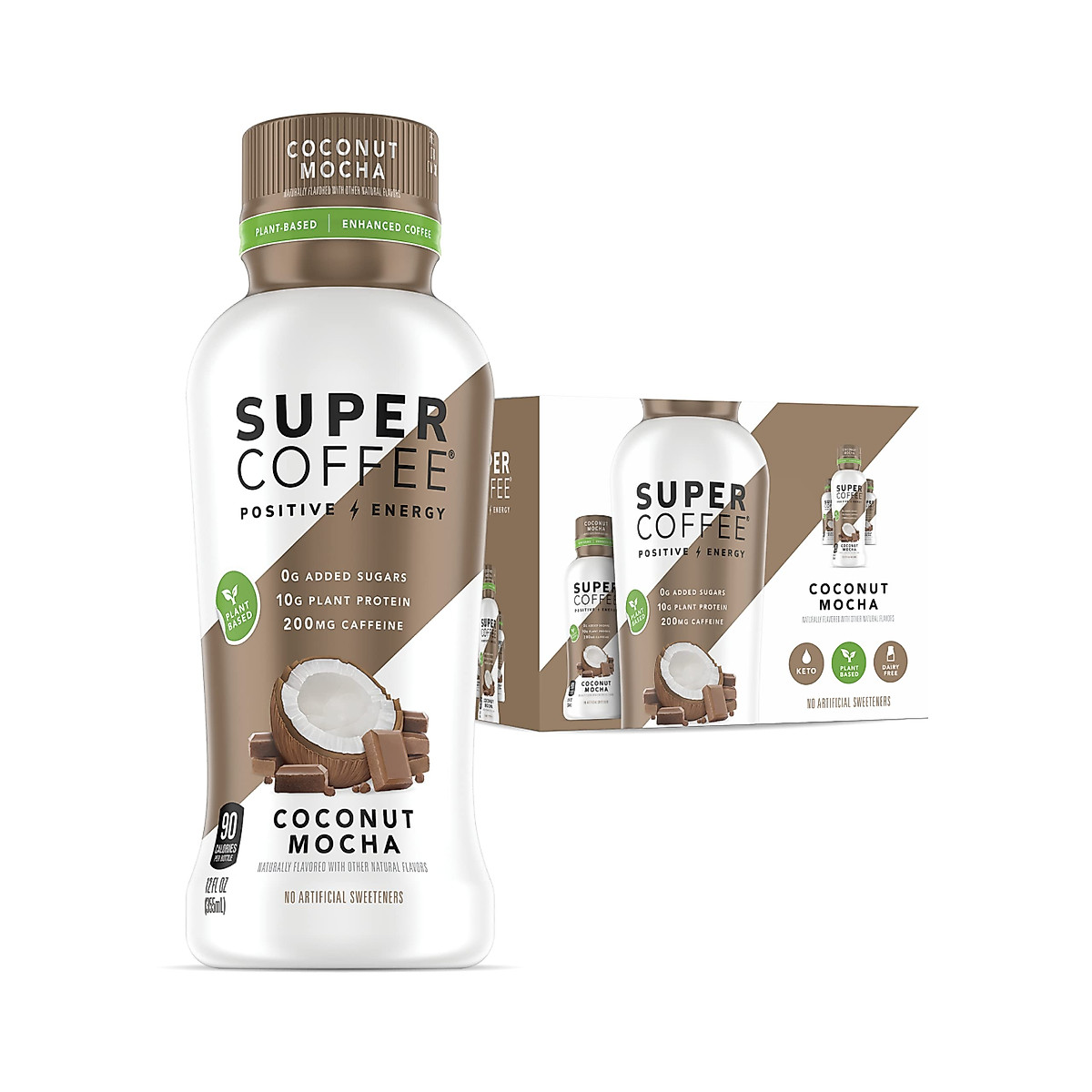 Super Coffee, Ready To Drink Iced Coffee, Coconut Mocha (12 Ounce Bottles, Pack of 12) - Low Net Carbs, No Added Sugar, Keto Friendly, 10g of Protein, Low Calorie, Protein Coffee, Smart Coffee
