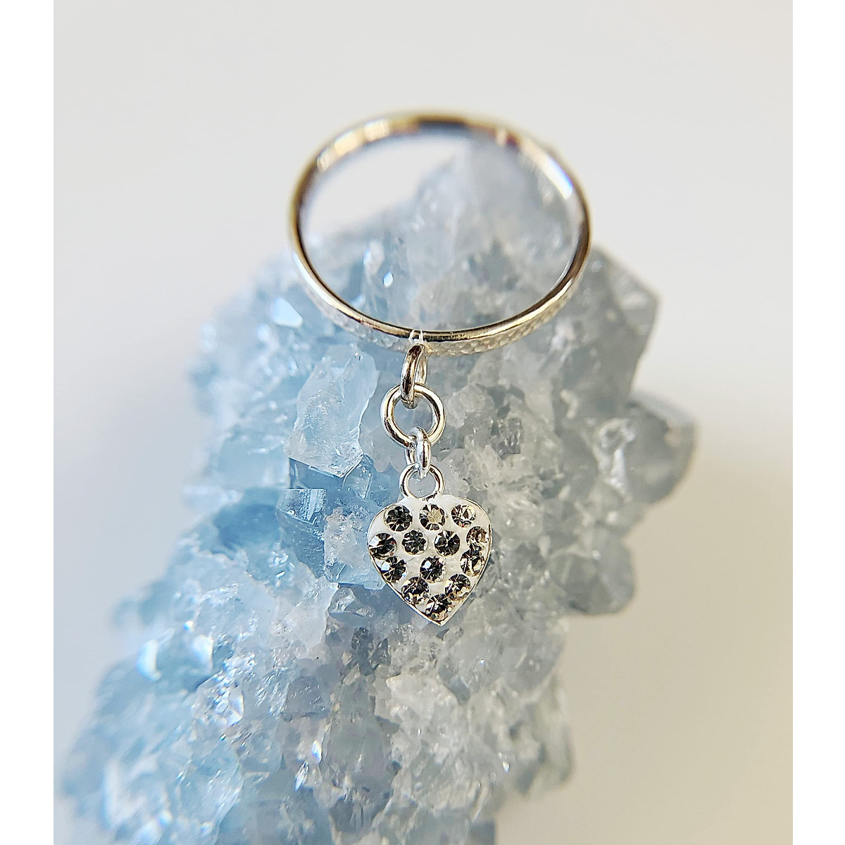 Heart Charm Ring, Dainty Clear Crystal Pave Charm Ring, Textured Band, Smooth Band, Sterling Silver Ring, Stackable Ring, Custom Size 5 6 7 8. Jewelry Inspirations