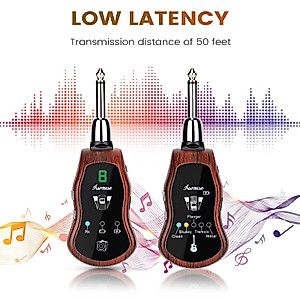 Upgrade Wireless Guitar System, 2.4Ghz Guitar Transmitter Receiver with 10 Channels Built-in 5 Guitar Effects, Rechargeable Lithium Battery Digital for Electric Guitar Amp Bass