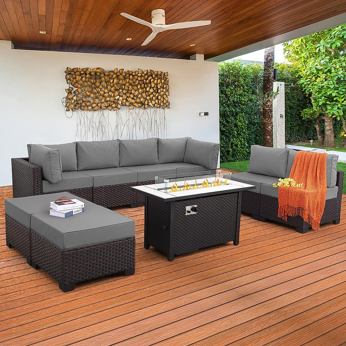 Lviden 9 Pieces Wicker Patio Furniture Set Outdoor PE Rattan Sectional Conversation Sofa Set with Grey Cushions and 45” Gas fire Pit Table