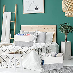 AUSSIY 3 Pack Rope Baskets for Storage Basket, Cotton Rope Woven Basket with Handles. Blanket Basket for Storing Clothes, Toys, Books, Shelves etc, 15''L x 10''W x 9.5''H, Gray/White