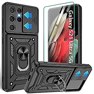 Compatible with Samsung Galaxy S21 Ultra case,S21 Ultra Case with HD Screen Protector with Slide Camera Cover, 360°Rotation Ring Kickstand [Military Grade] Case for Galaxy S21 Ultra,Black
