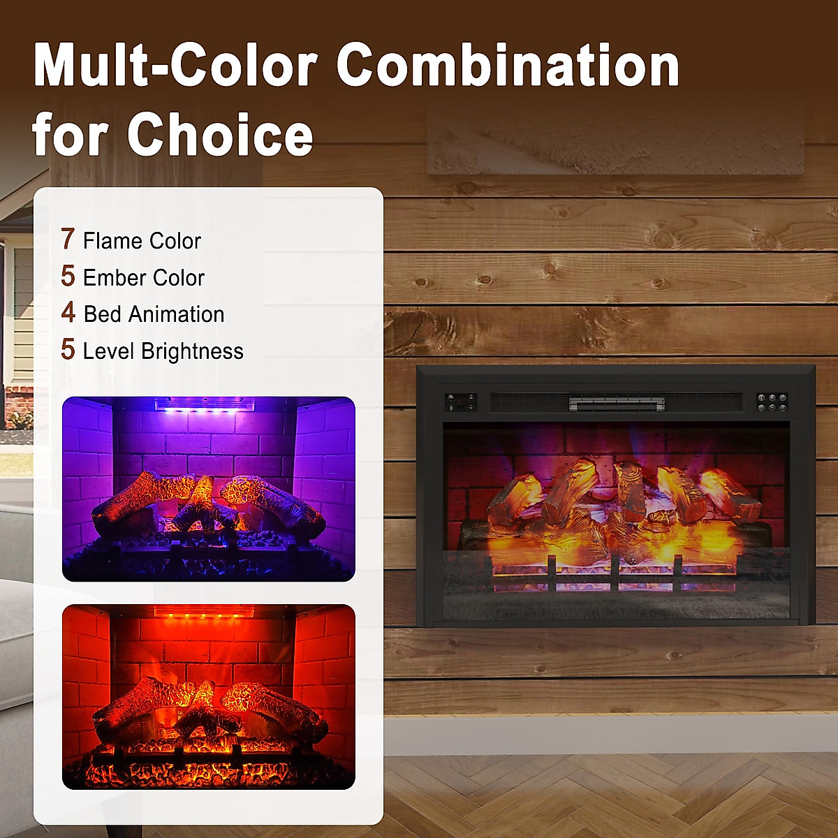 35 Inches Electric Fireplace Insert Recessed Electric Fireplace Heater with Touch Screen & Remote Control LED 1500W Adjustable 7 Flame, 8h Timer, Low Noise, Black