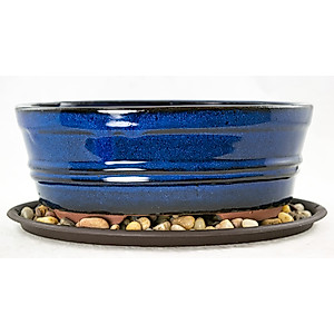 bigsnowball 8" Oval Dark Blue Bonsai/Cactus & Succulent Pot + Tray + Rock + Mesh Combo