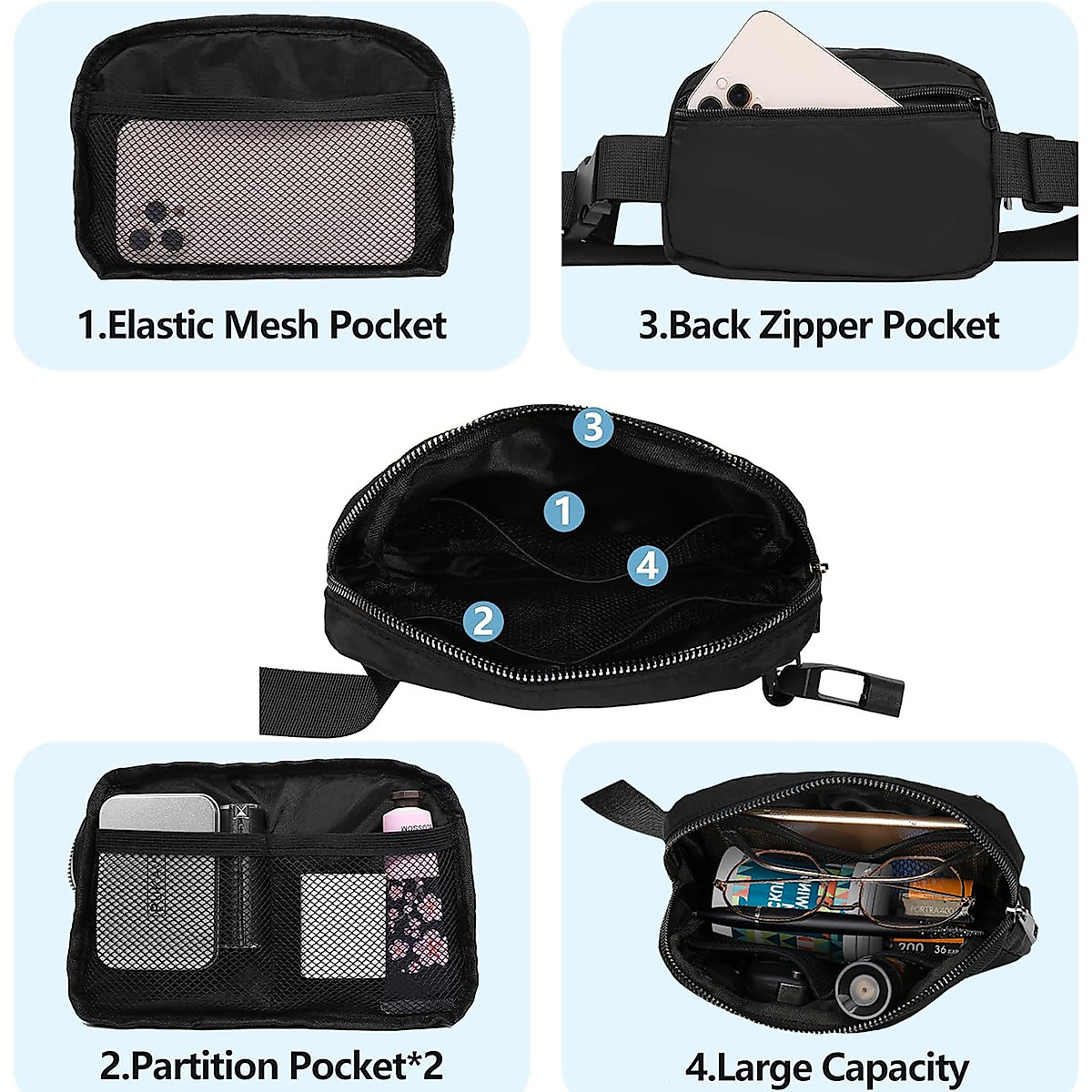 Bomvabe Black Fanny Pack for Women Girls Boys Teens, Crossbody Bag with Adjustable Strap 32" to 51", 1L Mini Belt Bag, Small Waist Bag Lightweight for Travel Sport Running Cycling Hiking