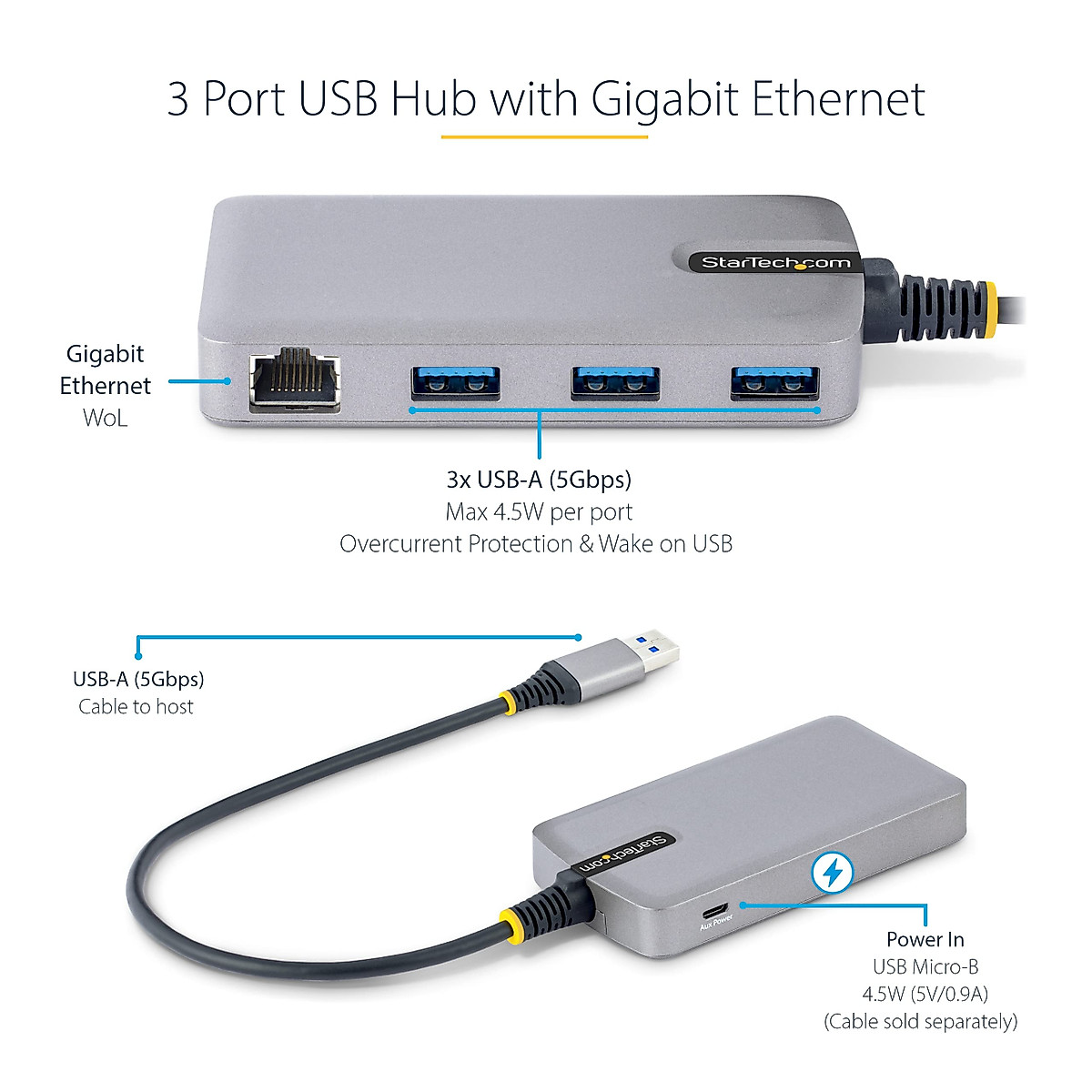 StarTech.com 3-Port USB Hub with Ethernet - 3X USB-A Ports - Gigabit Ethernet (RJ-45) - USB 3.0 5Gbps - Bus-Powered - 1ft/30cm Long Cable - Portable Laptop USB Hub Adapter w/GbE (5G3AGBB-USB-A-HUB)