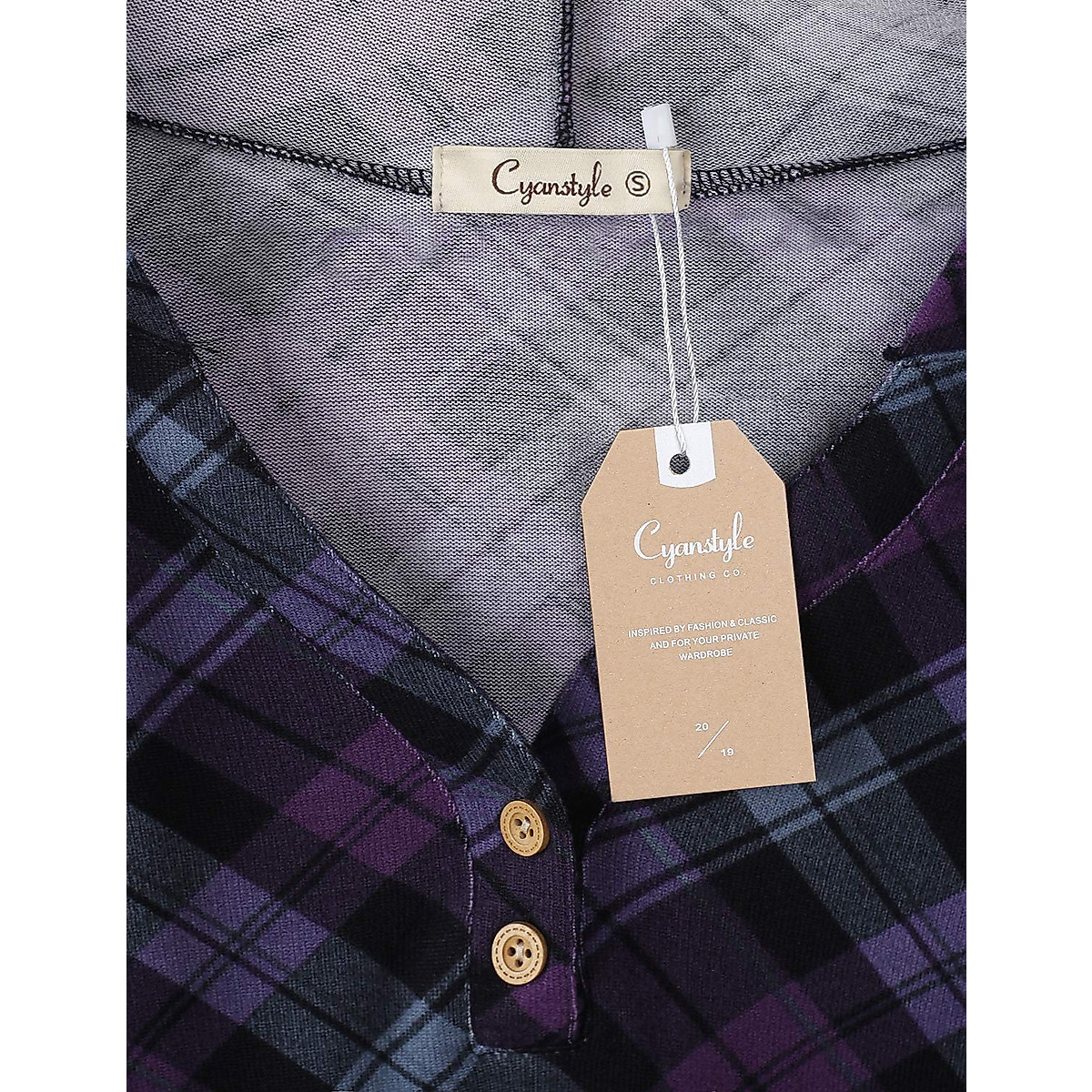 Cyanstyle Women's Long Sleeve Henley V-Neck Button Sweatshirt Tunic Hoodies Casual Pullover with Drawstring Purple Plaid Medium