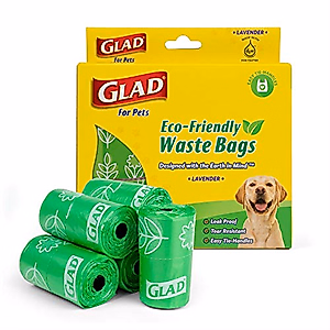 Glad Eco Friendly Dog Waste Bags - 8 Rolls of Lavender Scented Dog Waste Bags, 120 Bags in Total - Dog Waste Bags for All Dogs, Leak Proof and Strong Dog Poop Bags