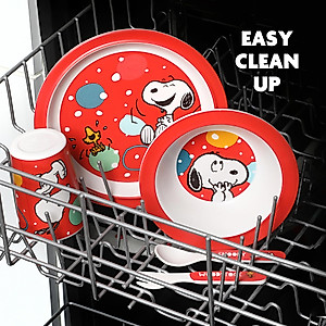 Peanuts Snoopy Fun Times 5-Piece Bamboo Melamine Dinnerware Set For Kids - Red