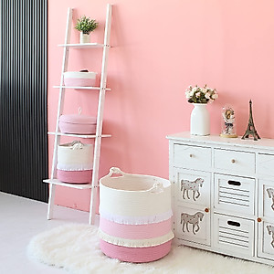 Sea Team Large Size Cotton Rope Basket with Decorative Macrame Patchwork, Cute Tassel Woven Storage Bin, Laundry Hamper, Clothes, Toys, Blankets Organizer for Baby Girls, 17 x 17 Inches, Pink