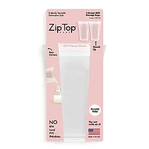 Zip Top Reusable 100% Silicone Breast Milk Storage Bags That Stand Up Stay Open and Zip Shut, Made in The USA - Set of 2 Bags