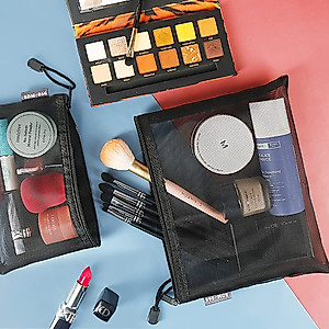 besharppin 6 Pack Mesh Cosmetic Bags, Nylon Makeup Pouches with Zipper for Home Office Purse Diaper Bag (Black)