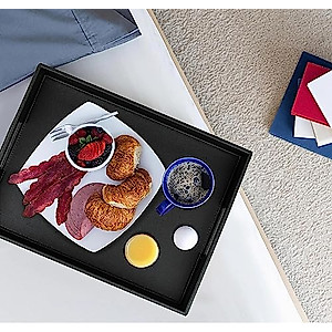 HofferRuffer Rectangle Serving Tray with Hole Handles for Coffee Table, Breakfast, Tea, Food, Butler - Countertop, Kitchen, Vanity Serve Tray, 16.2 x 12.2 x 2 inches, Faux Leather Tray (Black)