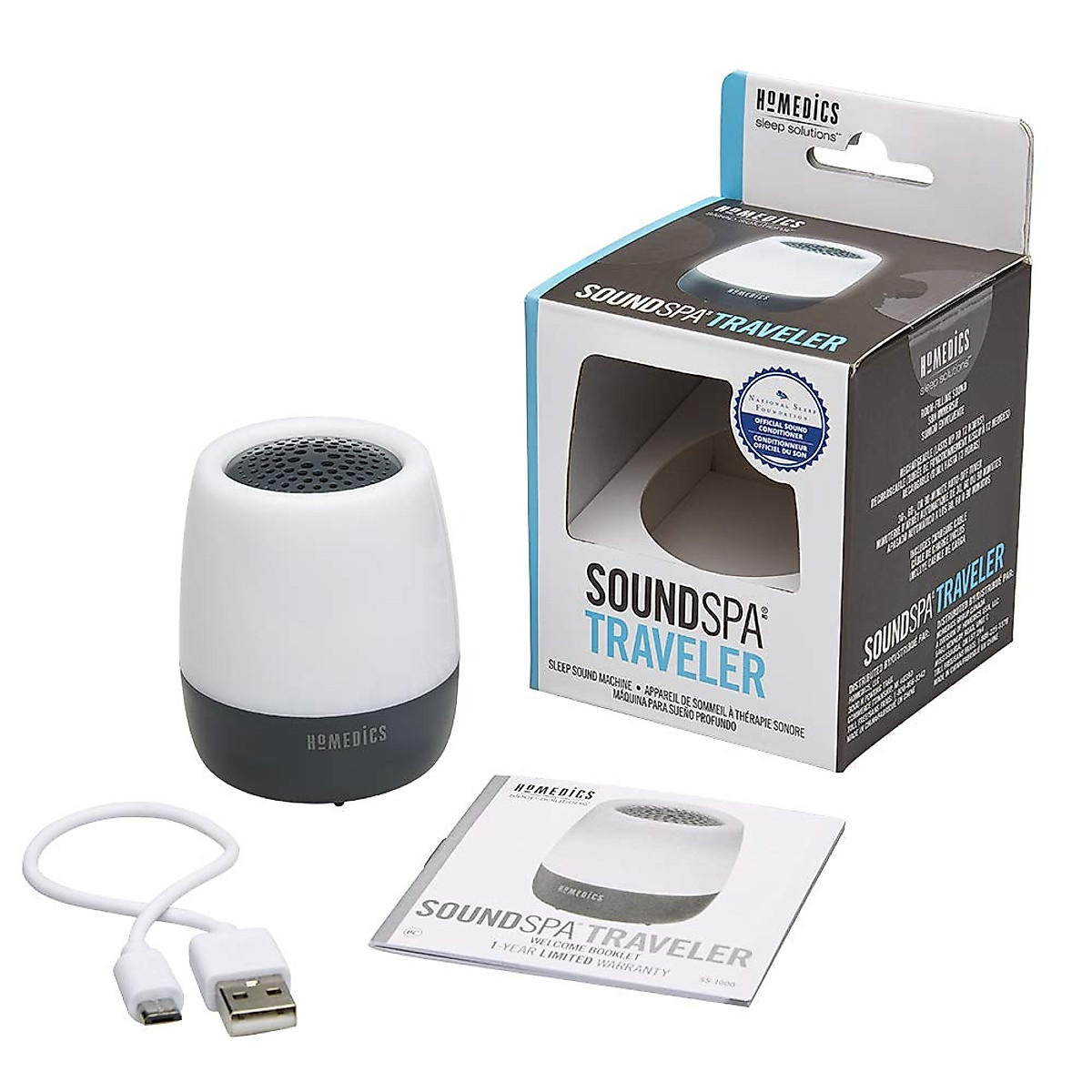 Homedics Traveler SoundSleep White Noise Sound Machine, Small Sound Machine with 6 Relaxing Sounds and Color Changing Night-Light, Portable Sound Therapy for Home, Office, Nursery, Auto-Off Timer