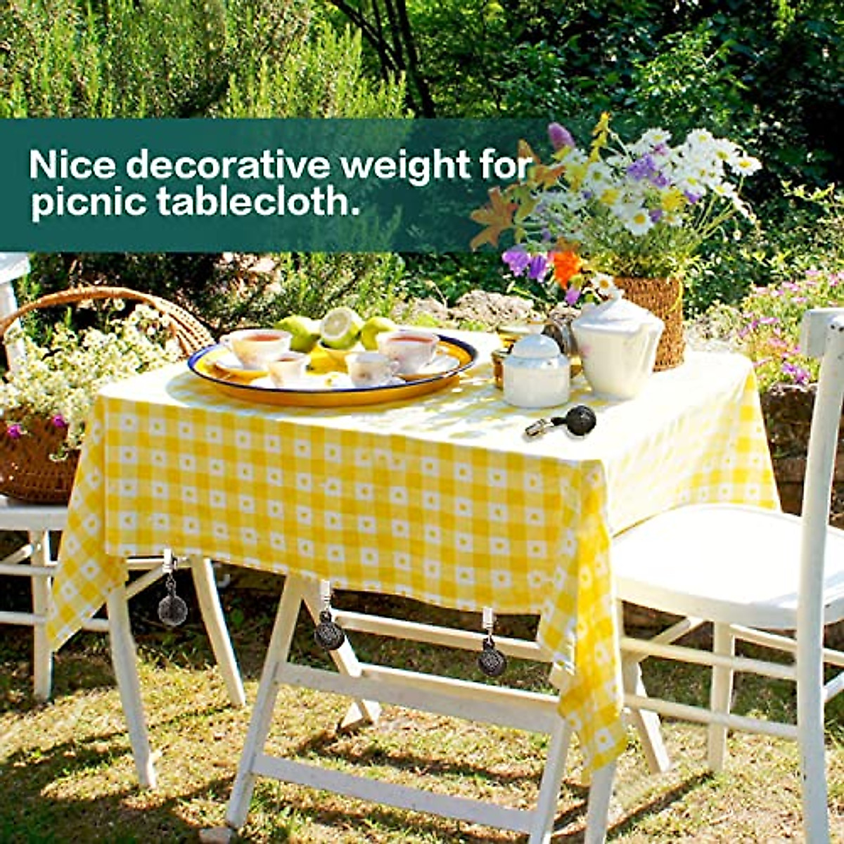 Sungmor Cast Iron Heavyweight Tablecloth Weights - 4 Pack Antique Dark Brown Round Clew Pendent Clips Weights Kit - Heavy Duty Table Cloth Cover Clamps for Home Garden Party Wedding Camping Picnic