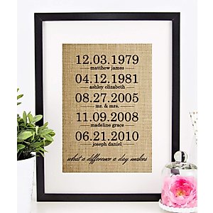 Personalized Gifts for Women, Wedding, Anniversary, Engagement, or Birthday Gift: What a Difference a Day Makes Burlap Print (UP TO 20 NAMES & DATES!)