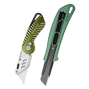 FantastiCAR Folding Utility Knife and Heavy Duty Retractable Cutter Set with Extra Blades (Dark Green)