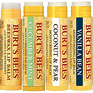 Burt's Bees Lip Balm Easter Basket Stuffers, Moisturizing Lip Care Spring Gift, for All Day Hydration, 100% Natural, Original Beeswax, Cucumber Mint, Coconut & Pear & Vanilla (4 Pack)