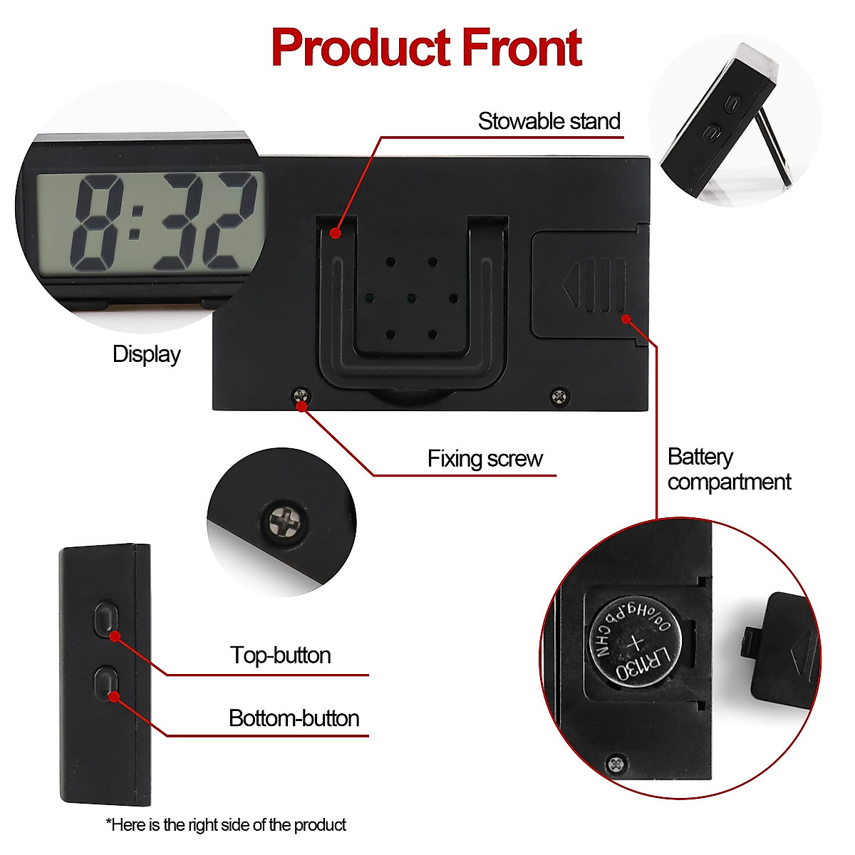 UYYE Mini Digital Car Clock Sticky Electronic Car Clock, Accessories with Clear LCD Screen Self-Adhesive Stand Digital Clock for Car Truck Dashboard Home Office Table