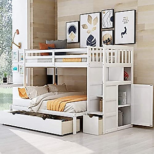 ATH-S Twin Over Full/Twin Stairway Bunk Bed with Storage Shelves and Drawers Wood Convertible Bottom Bed Bedroom Furniture for Adults, No Spring Box Needed,White (Color : White)