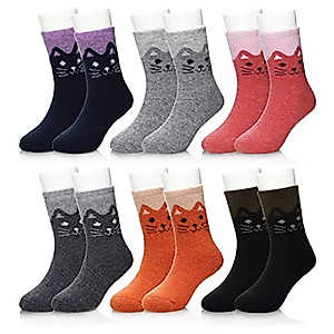 Eocom 6 Pairs Children's Winter Warm Wool Socks Kids Toddlers Boys Girls Thermal Thick Boot Cozy Crew Socks (8-12 Years, Cat)
