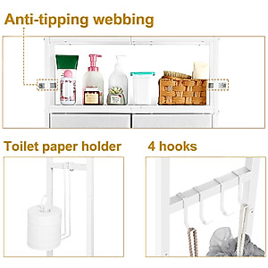 YBING Over The Toilet Storage, Over Toilet Bathroom Organizer with Drawer, Above Toilet Stand with Roll Holder and Hooks, Over Toilet Storage Shelf Cabinet, Wooden, White