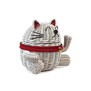 G6 COLLECTION Cat Rattan Storage Basket With Lid Decorative Bin Home Decor Hand Woven Shelf Organizer Cute Handmade Handcrafted Nursery Gift Animal Art Decoration Artwork Wicker Kitten