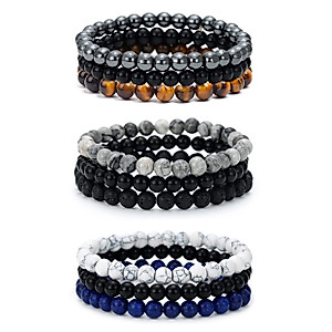 BOMAIL 9pcs Gemstone Beaded Bracelets for Men Women 6mm Round Beads Bracelets Set SemiPrecious Gemstone Beads Bracelets Matte Lava Rock Volcanic Tiger Eye Stone Yoga Healing Energy Crystal Stretch