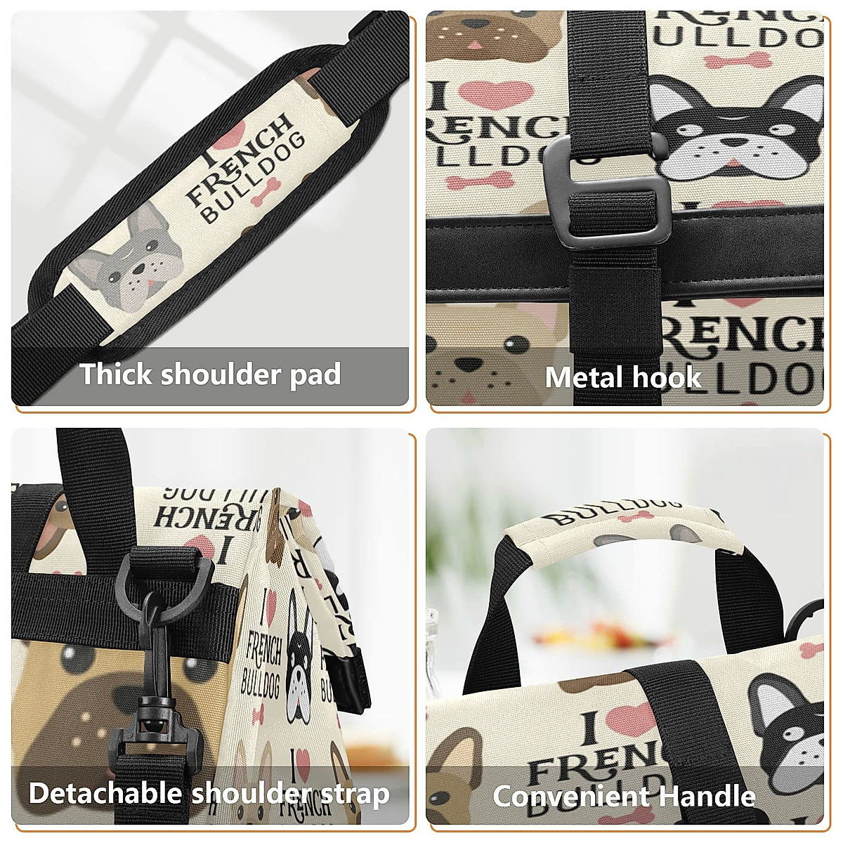 Lunch Bag Cooler Bag Thermal Insulated Men Women Travel School Work Cute French Bulldog Portable Beach Shoulder Strap