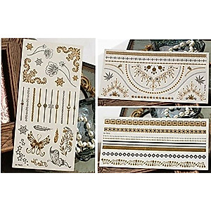 Temporary Tattoos,Metallic,5 Large Sheets Gold Silver Glitter, by WffDirect,80+ Color Flash Fake Waterproof Tattoo Stickers-For Adults or Kids